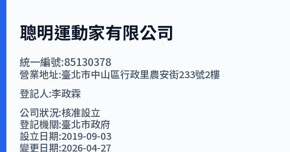 聰明運動家有限公司的照片-統編 85130378(臺北市) 公司登記資料與營業項目詳細圖表