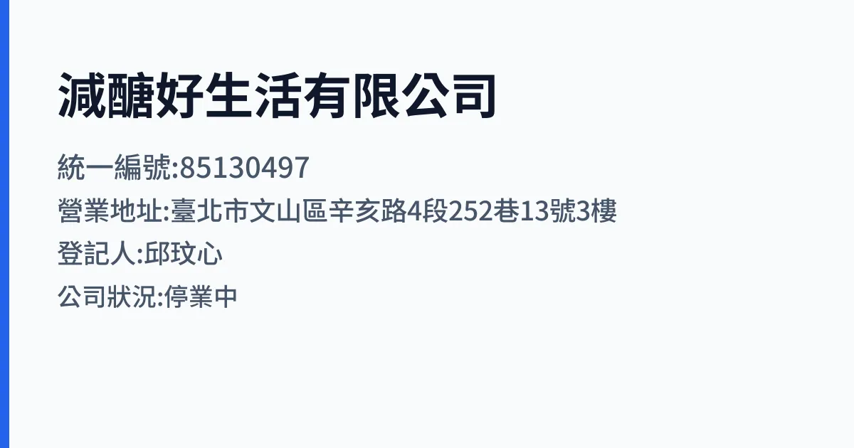 減醣好生活有限公司 - 統編 85130497(臺北市) 公司登記資料與營業項目詳細圖表