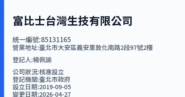 富比士台灣生技有限公司的照片-統編 85131165(臺北市) 公司登記資料與營業項目詳細圖表