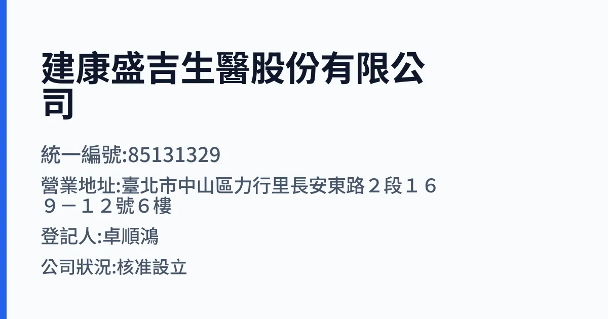 建康盛吉生醫股份有限公司 - 統編 85131329(臺北市) 公司登記資料與營業項目詳細圖表