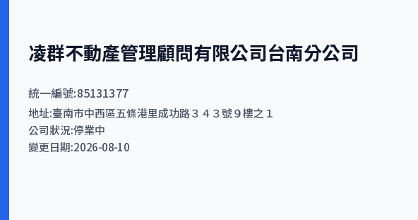 凌群不動產管理顧問有限公司台南分公司的照片-統編 85131377(臺南市) 公司登記資料與營業項目詳細圖表