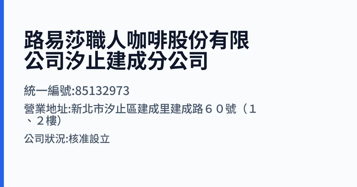 路易莎職人咖啡股份有限公司汐止建成分公司 - 統編 85132973(新北市) 公司登記資料與營業項目詳細圖表