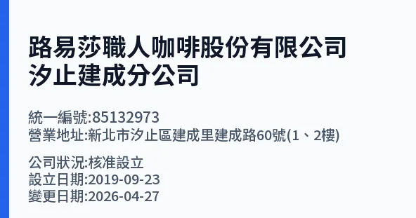 路易莎職人咖啡股份有限公司汐止建成分公司的照片-統編 85132973(新北市) 公司登記資料與營業項目詳細圖表