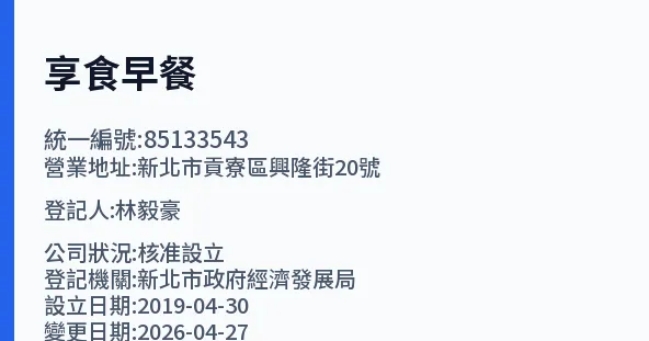 享食早餐的照片-統編 85133543(新北市) 公司登記資料與營業項目詳細圖表