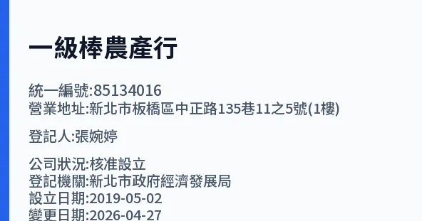 一級棒農產行的照片-統編 85134016(新北市) 公司登記資料與營業項目詳細圖表