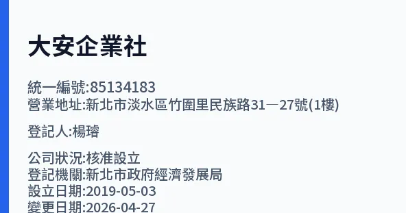 大安企業社的照片-統編 85134183(新北市) 公司登記資料與營業項目詳細圖表