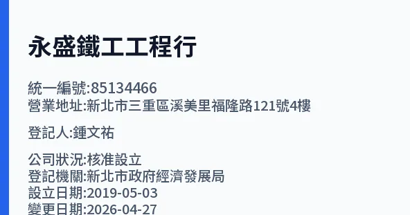 永盛鐵工工程行的照片-統編 85134466(新北市) 公司登記資料與營業項目詳細圖表