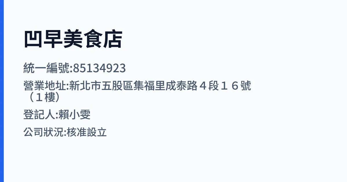 凹早美食店 - 統編 85134923(新北市) 公司登記資料與營業項目詳細圖表