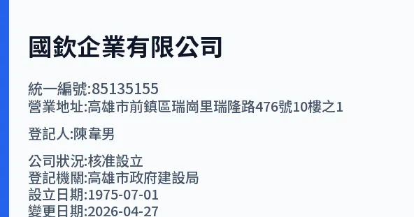 國欽企業有限公司的照片-統編 85135155(高雄市) 公司登記資料與營業項目詳細圖表