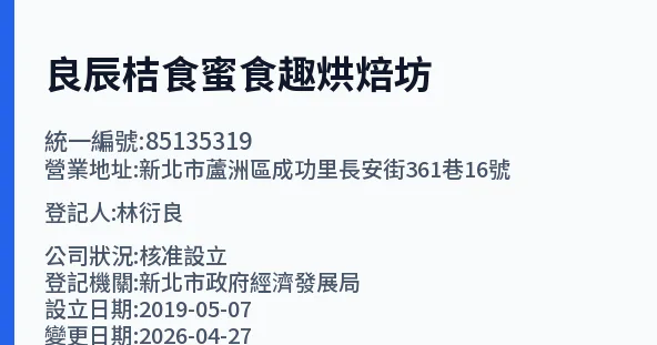 良辰桔食蜜食趣烘焙坊的照片-統編 85135319(新北市) 公司登記資料與營業項目詳細圖表