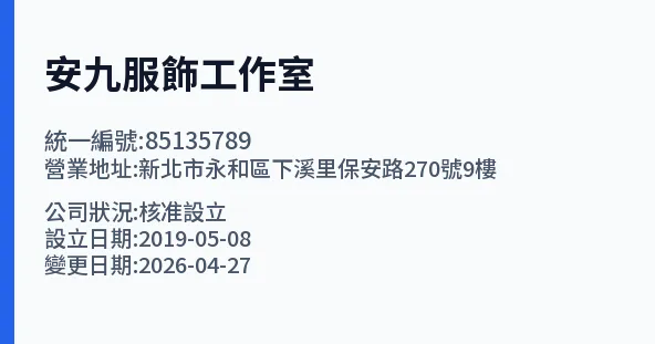 安九服飾工作室的照片-統編 85135789(新北市) 公司登記資料與營業項目詳細圖表