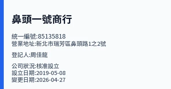 鼻頭一號商行的照片-統編 85135818(新北市) 公司登記資料與營業項目詳細圖表