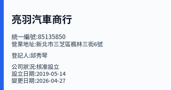 亮羽汽車商行的照片-統編 85135850(新北市) 公司登記資料與營業項目詳細圖表