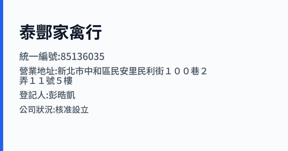 泰酆家禽行 - 統編 85136035(新北市) 公司登記資料與營業項目詳細圖表