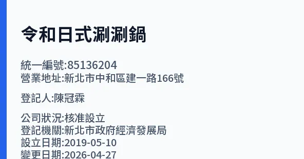 令和日式涮涮鍋的照片-統編 85136204(新北市) 公司登記資料與營業項目詳細圖表
