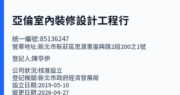亞倫室內裝修設計工程行的照片-統編 85136247(新北市) 公司登記資料與營業項目詳細圖表