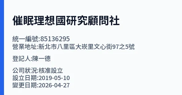 催眠理想國研究顧問社的照片-統編 85136295(新北市) 公司登記資料與營業項目詳細圖表