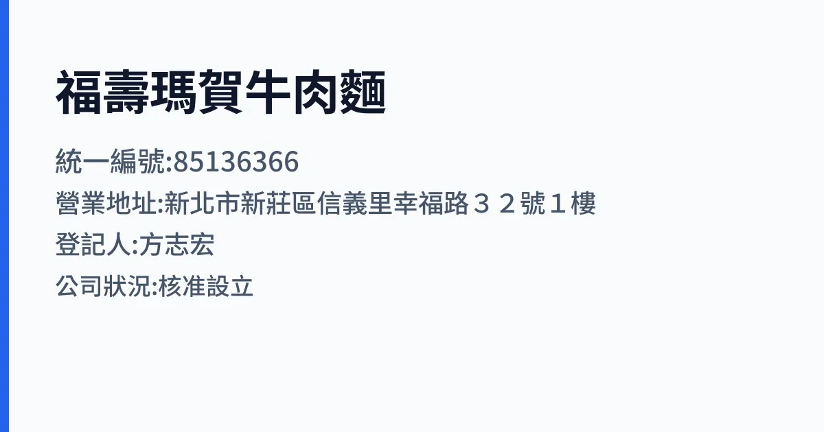 福壽瑪賀牛肉麵 - 統編 85136366(新北市) 公司登記資料與營業項目詳細圖表