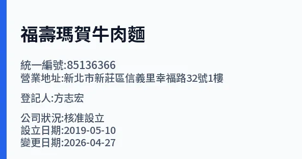 福壽瑪賀牛肉麵的照片-統編 85136366(新北市) 公司登記資料與營業項目詳細圖表