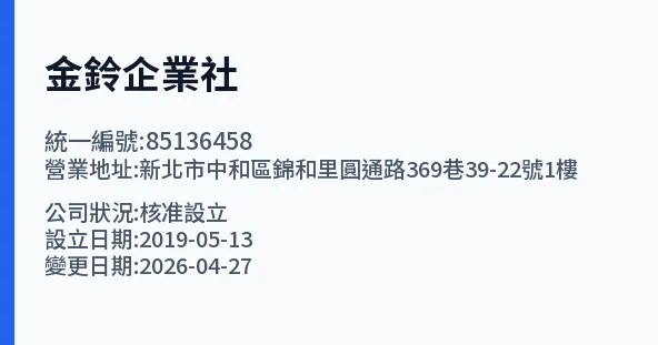 金鈴企業社的照片-統編 85136458(新北市) 公司登記資料與營業項目詳細圖表