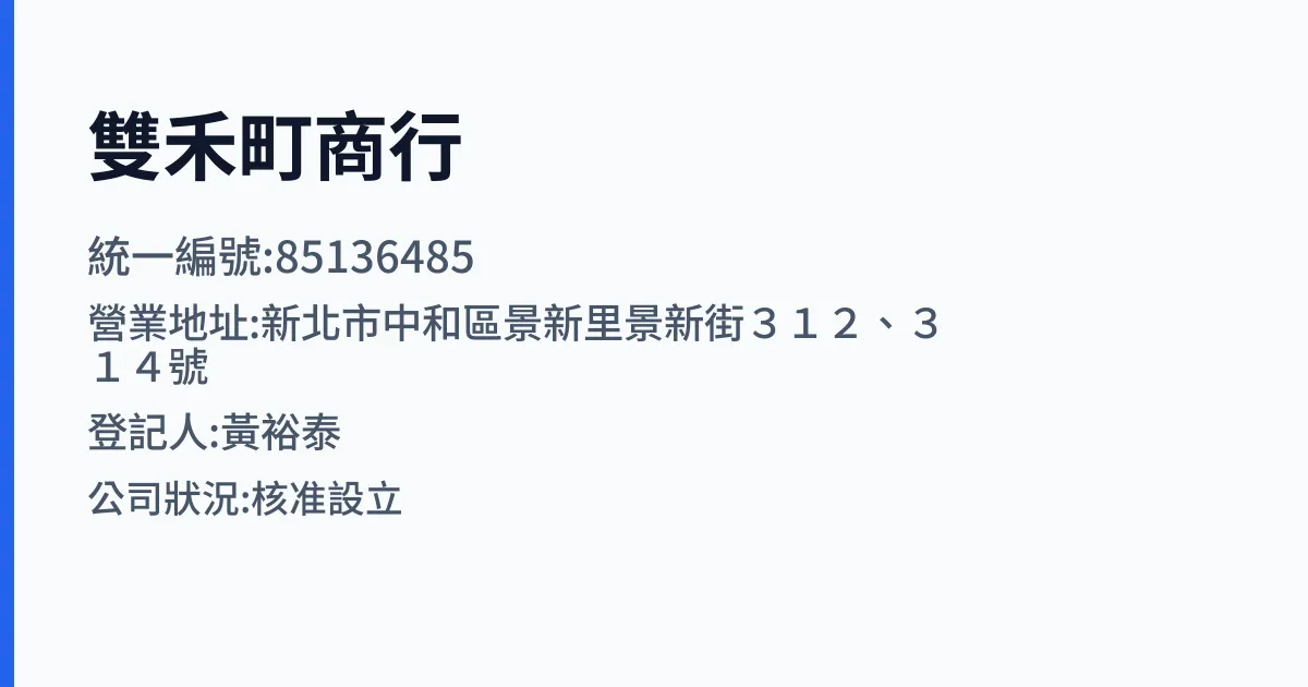 雙禾町商行 - 統編 85136485(新北市) 公司登記資料與營業項目詳細圖表