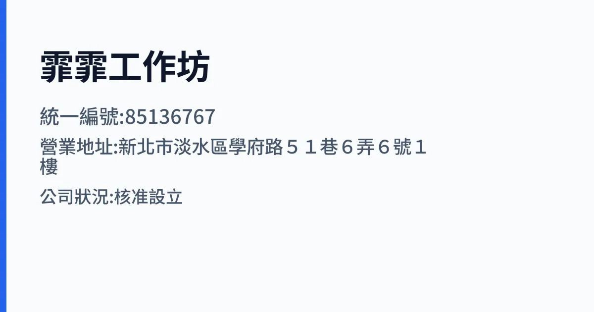 霏霏工作坊 - 統編 85136767(新北市) 公司登記資料與營業項目詳細圖表