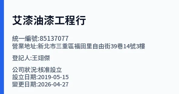艾漆油漆工程行的照片-統編 85137077(新北市) 公司登記資料與營業項目詳細圖表