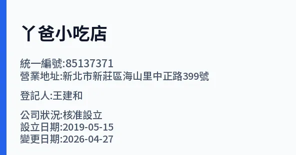 丫爸小吃店的照片-統編 85137371(新北市) 公司登記資料與營業項目詳細圖表