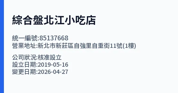 綜合盤北江小吃店的照片-統編 85137668(新北市) 公司登記資料與營業項目詳細圖表