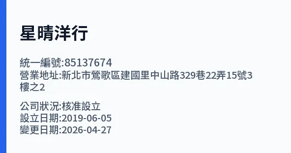 星晴洋行的照片-統編 85137674(新北市) 公司登記資料與營業項目詳細圖表