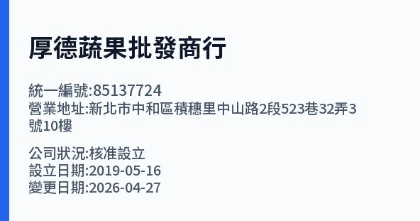厚德蔬果批發商行的照片-統編 85137724(新北市) 公司登記資料與營業項目詳細圖表