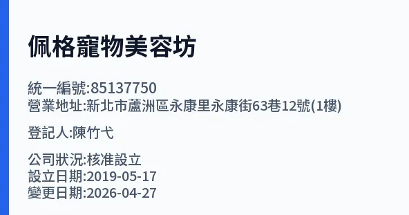 佩格寵物美容坊的照片-統編 85137750(新北市) 公司登記資料與營業項目詳細圖表