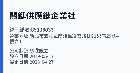 關鍵供應鏈企業社的照片-統編 85138033(新北市) 公司登記資料與營業項目詳細圖表
