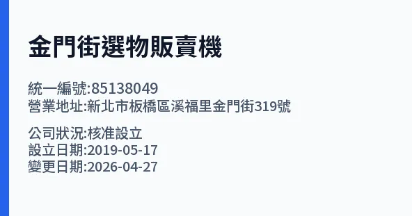 金門街選物販賣機的照片-統編 85138049(新北市) 公司登記資料與營業項目詳細圖表