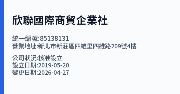 欣聯國際商貿企業社的照片-統編 85138131(新北市) 公司登記資料與營業項目詳細圖表