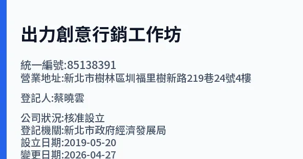 出力創意行銷工作坊的照片-統編 85138391(新北市) 公司登記資料與營業項目詳細圖表