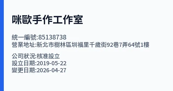 咪歐手作工作室的照片-統編 85138738(新北市) 公司登記資料與營業項目詳細圖表