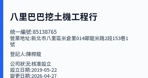 八里巴巴挖土機工程行的照片-統編 85138765(新北市) 公司登記資料與營業項目詳細圖表