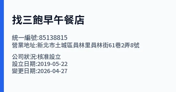 找三飽早午餐店的照片-統編 85138815(新北市) 公司登記資料與營業項目詳細圖表