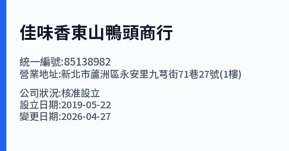 佳味香東山鴨頭商行的照片-統編 85138982(新北市) 公司登記資料與營業項目詳細圖表