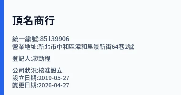 頂名商行的照片-統編 85139906(新北市) 公司登記資料與營業項目詳細圖表
