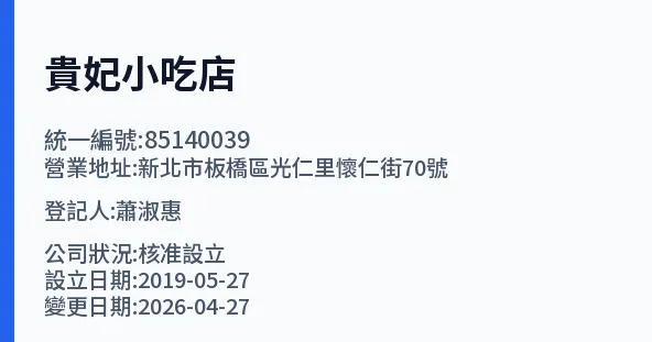 貴妃小吃店的照片-統編 85140039(新北市) 公司登記資料與營業項目詳細圖表