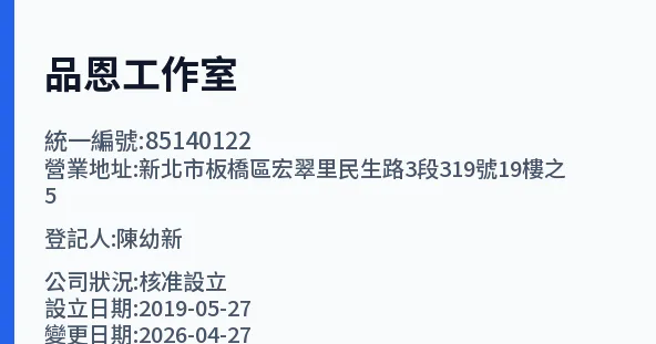 品恩工作室的照片-統編 85140122(新北市) 公司登記資料與營業項目詳細圖表