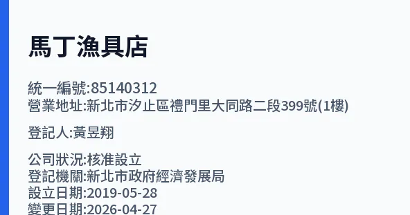 馬丁漁具店的照片-統編 85140312(新北市) 公司登記資料與營業項目詳細圖表