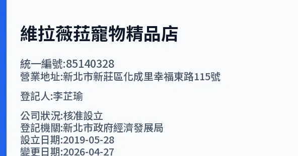 維拉薇菈寵物精品店的照片-統編 85140328(新北市) 公司登記資料與營業項目詳細圖表