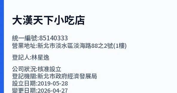大漢天下小吃店的照片-統編 85140333(新北市) 公司登記資料與營業項目詳細圖表