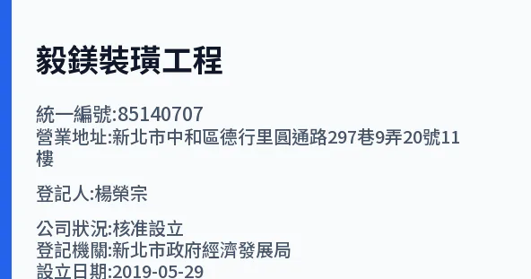 毅鎂裝璜工程的照片-統編 85140707(新北市) 公司登記資料與營業項目詳細圖表