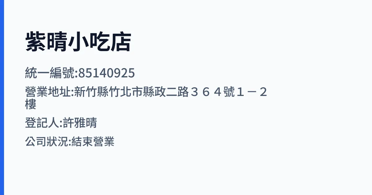 紫晴小吃店 - 統編 85140925(新竹縣) 公司登記資料與營業項目詳細圖表