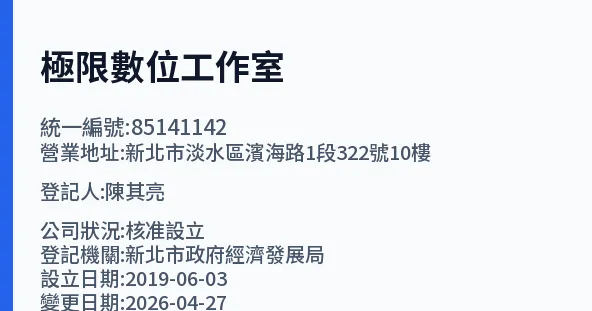 極限數位工作室的照片-統編 85141142(新北市) 公司登記資料與營業項目詳細圖表
