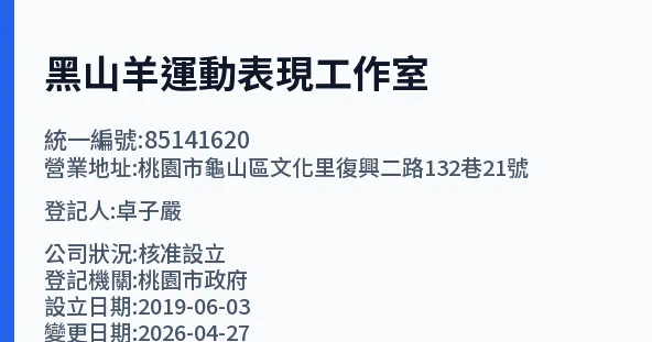 黑山羊運動表現工作室的照片-統編 85141620(桃園市) 公司登記資料與營業項目詳細圖表